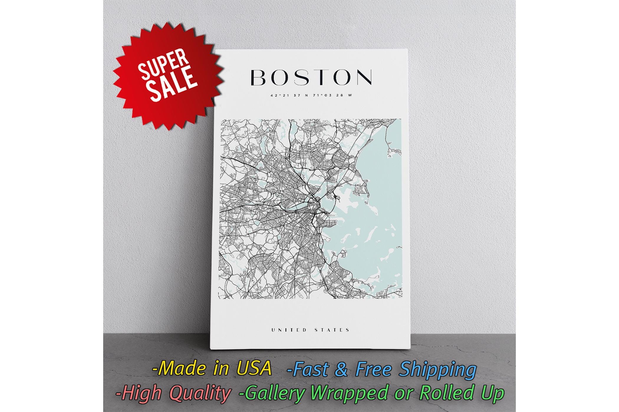 Boston Map Canvas Modern City Street Wall Art, Minimalist Black White ...