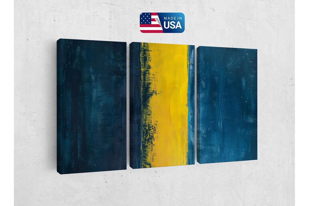 Deep Blue Yellow Abstract Triptych Canvas Print - Modern Textured Wall ...