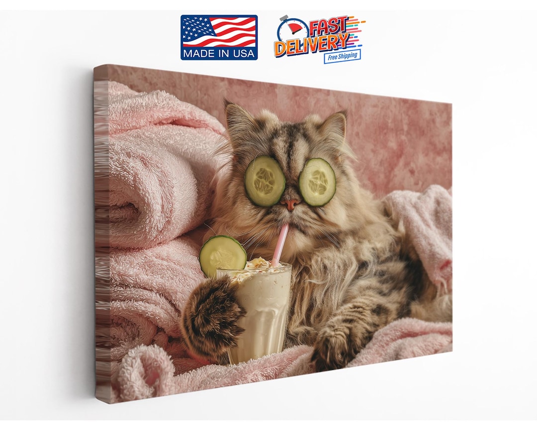 Funny Spa Cat Canvas Wall Art: Quirky Animal Print, Cozy Home Decor ...
