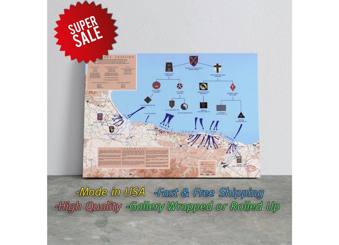 D-day Map Art Canvas Print: Normandy Invasion, WWII Battlefield Map ...