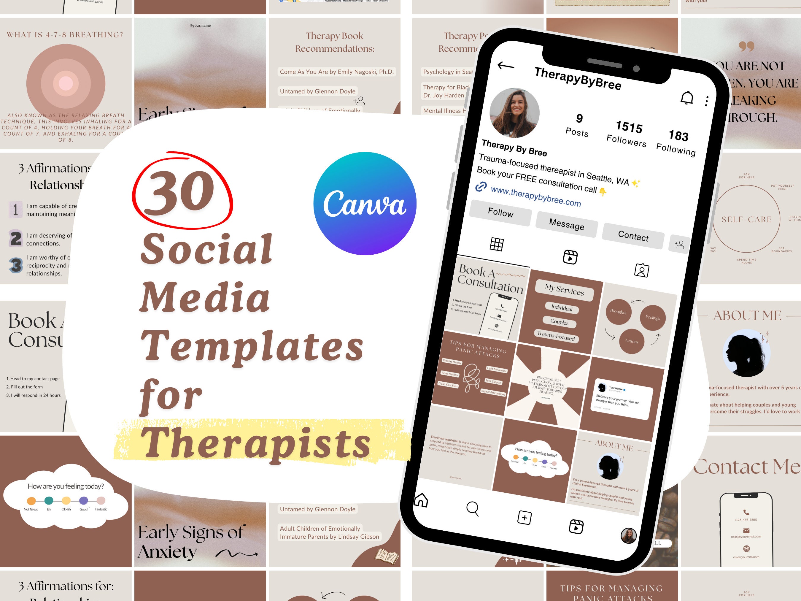 30 Social Media Post Templates for Therapists, Canva Templates for ...
