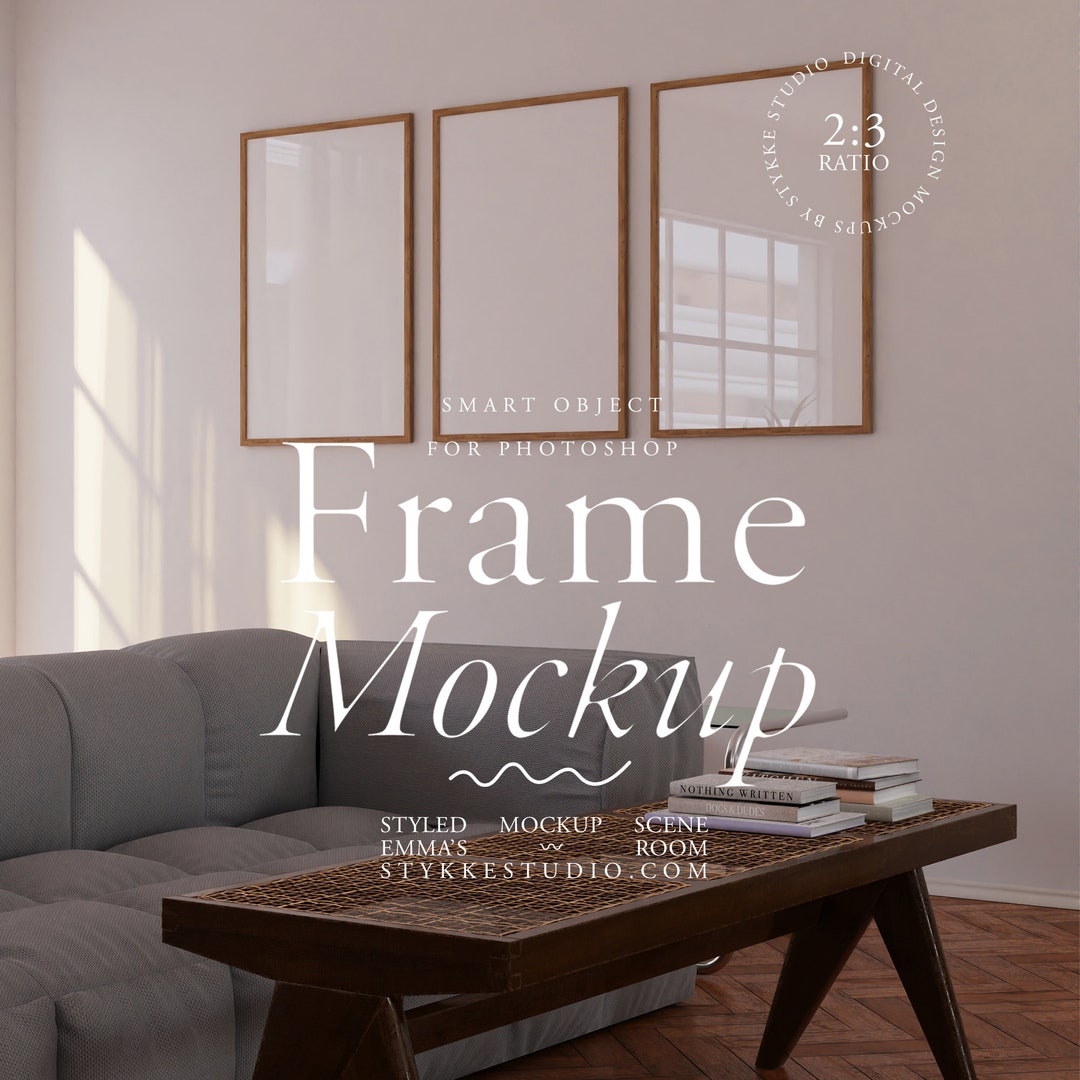 2:3 Frames Mockup Trio, Three Frames in a Row Mockup, Wooden Frames ...