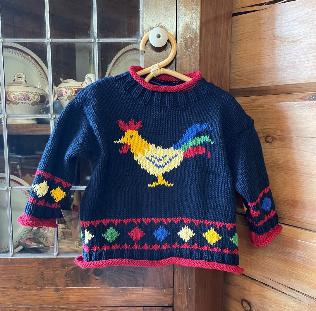 Kid Size Rooster Sweater, Organic Cotton Knit, Hand Knit Pullover, Barn ...