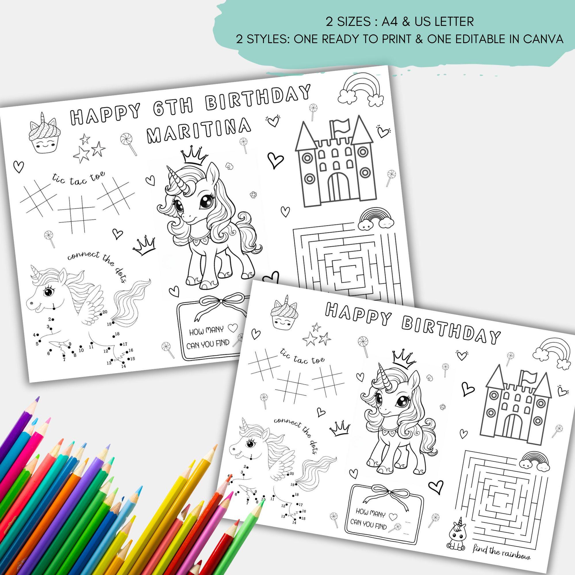 Unicorn Birthday Party Activity Sheet - Girls Unicorn Rainbow Themed ...