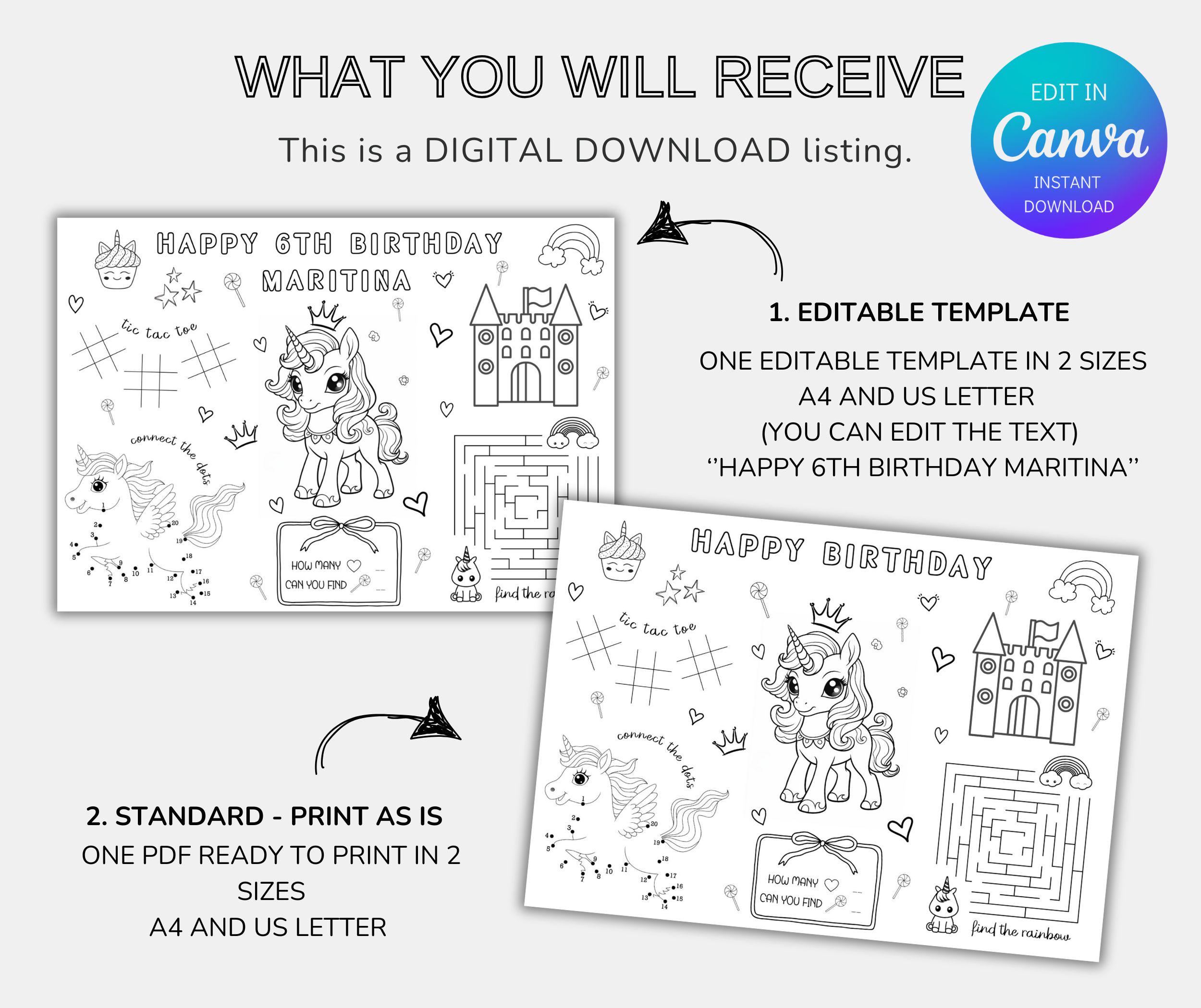 Unicorn Birthday Party Activity Sheet - Girls Unicorn Rainbow Themed ...