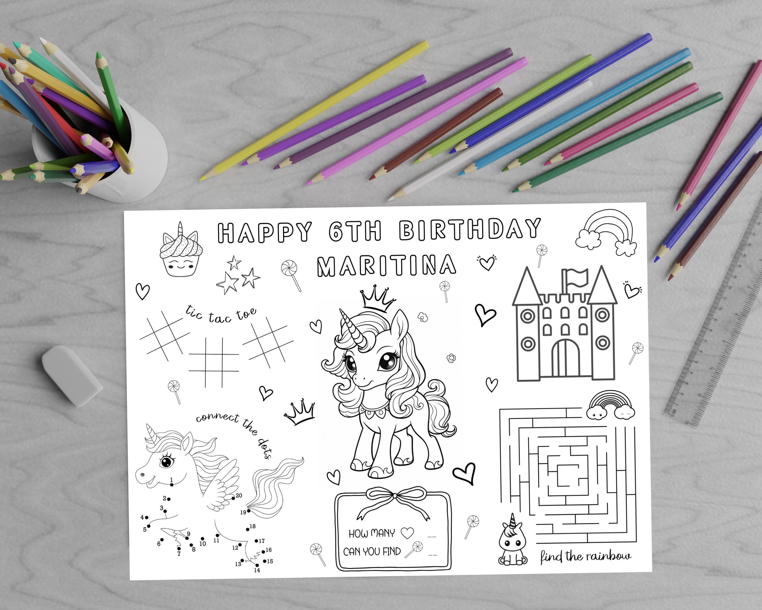 Unicorn Birthday Party Activity Sheet: Rainbow Coloring Pages (editable ...