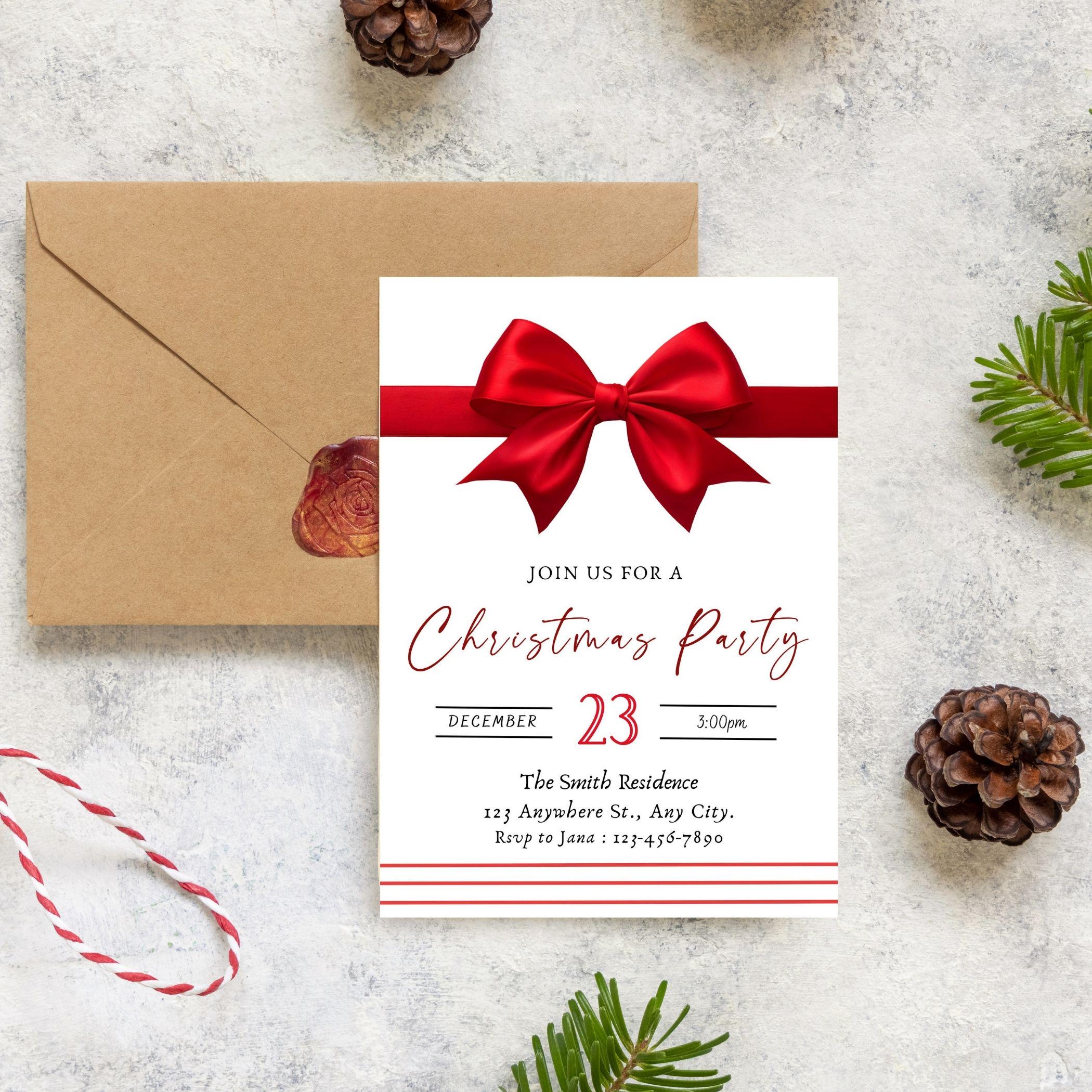 Red Bow Christmas Party Invitation Template - Xmas Dinner - Editable ...
