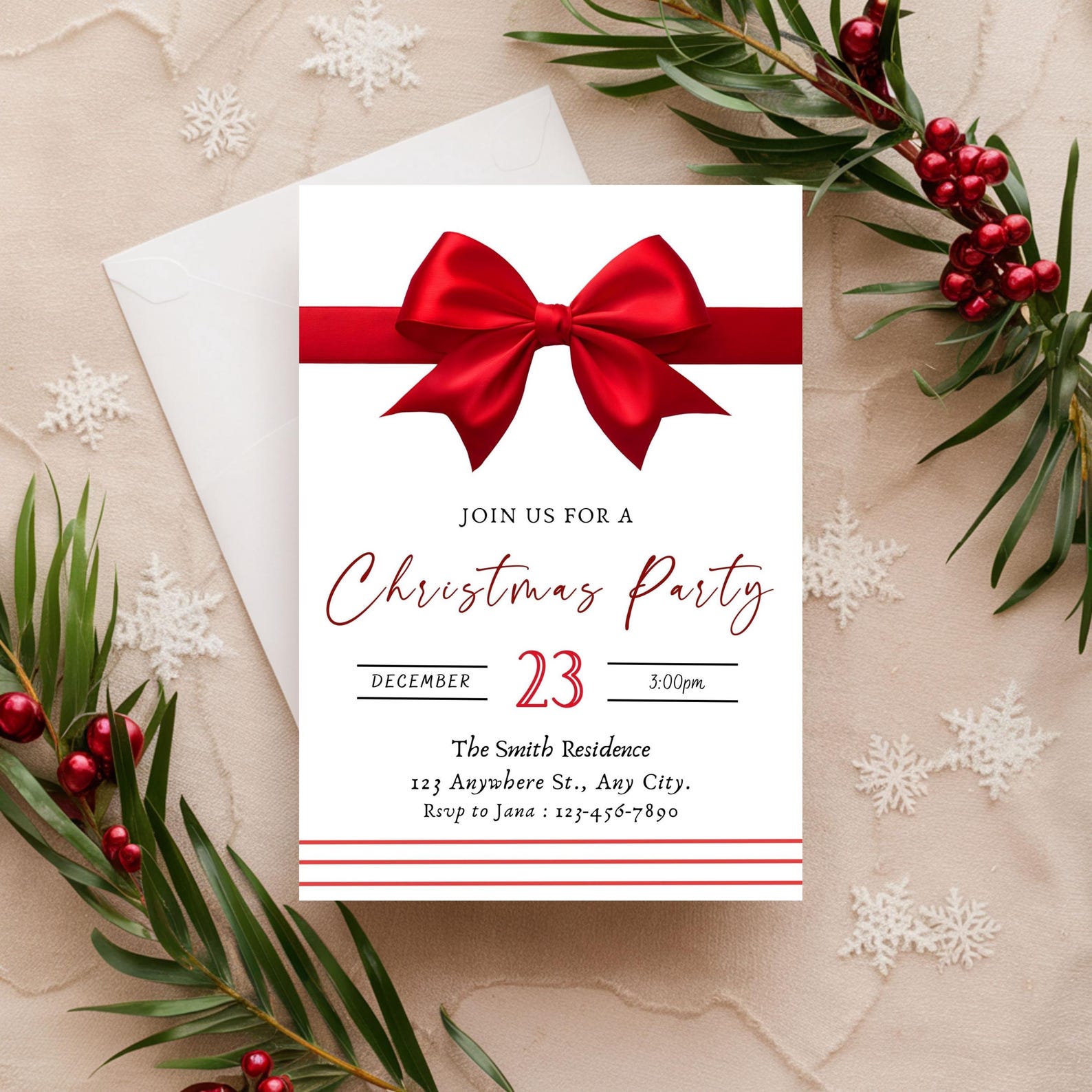 Red Bow Christmas Party Invitation Template Xmas Dinner Editable