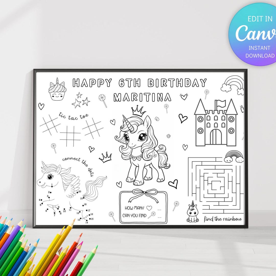 Unicorn Birthday Party Activity Sheet - Girls Unicorn Rainbow Themed ...