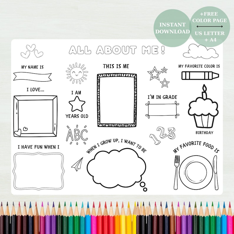 All About Me Worksheet & Free Printable Back to School Coloring Page ...