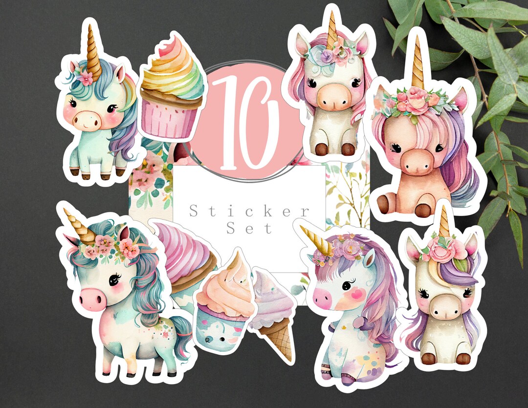Cute Unicorn Birthday Cupcake Sticker Set Unicorn Birthday Stickers ...