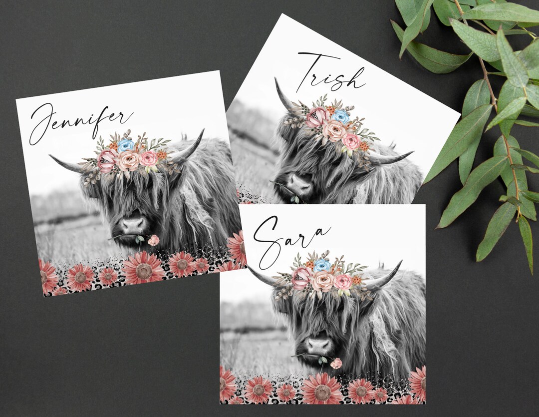Floral Highland Cow Personalized Sticker, Cute Highland Cow Mom Name ...