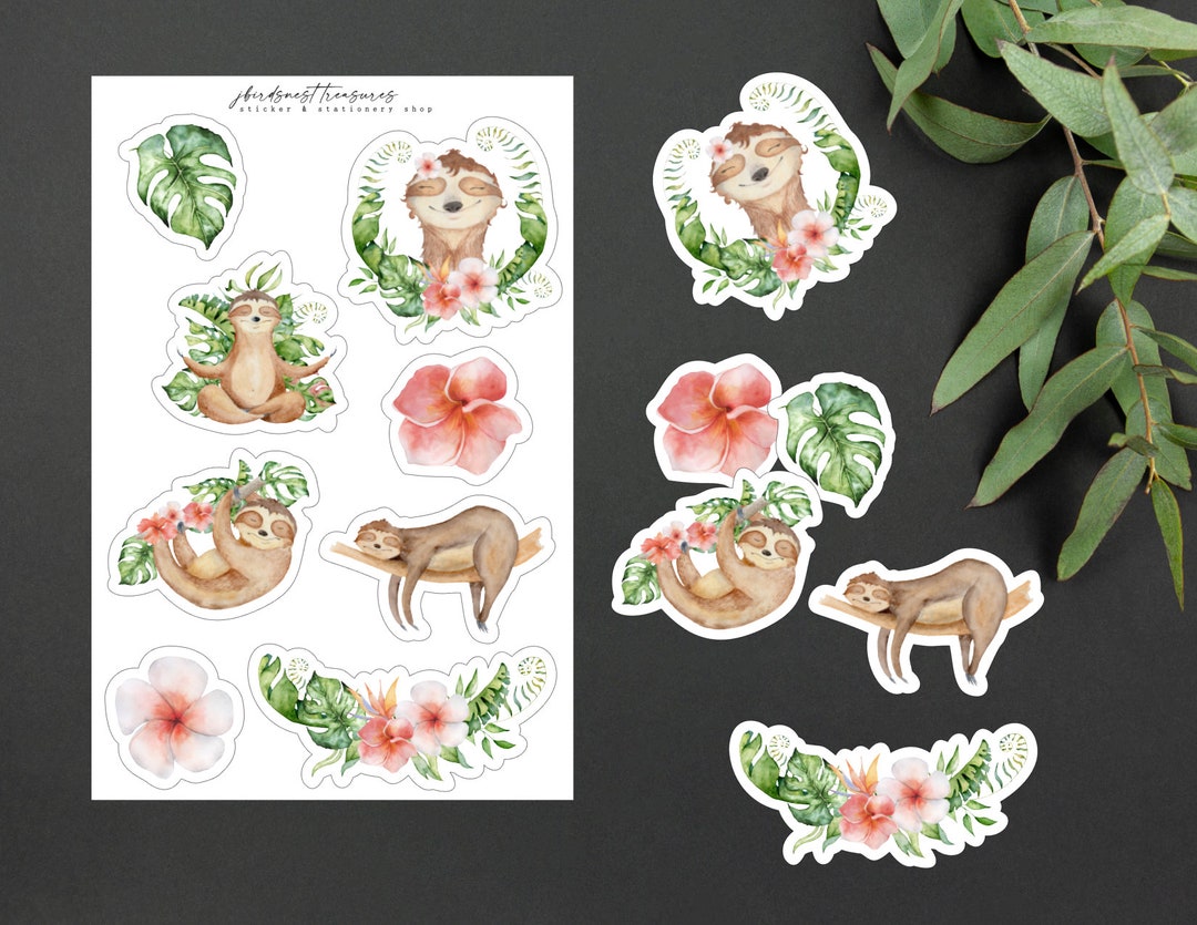 Cute Floral Sloth Sticker Set, Sloth Sticker Gift Set, Sloth Decor ...