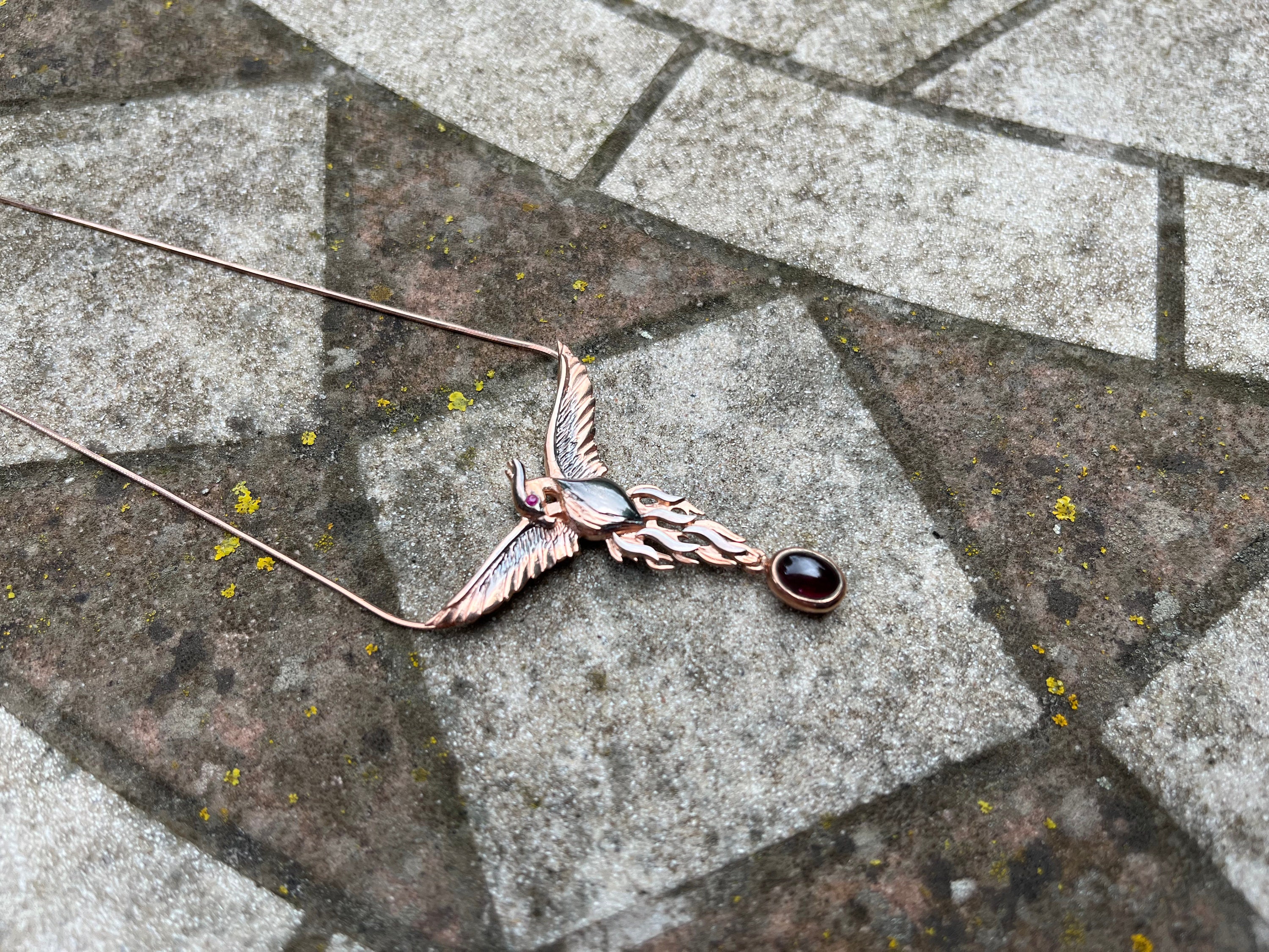 Garnet Phoenix Pendant With Red Eyes - Rose Gold Plated Silver Designer ...