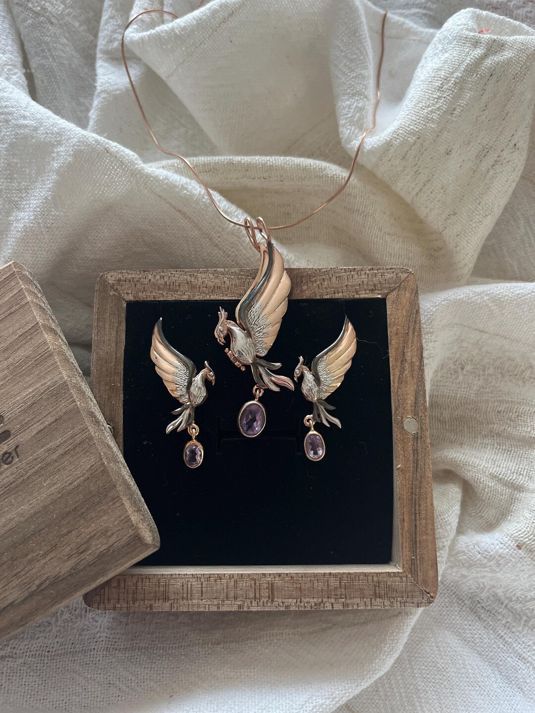 Amethyst Phoenix Bird Jewelry Set in Wooden Gift Box Handcraft Sterling ...