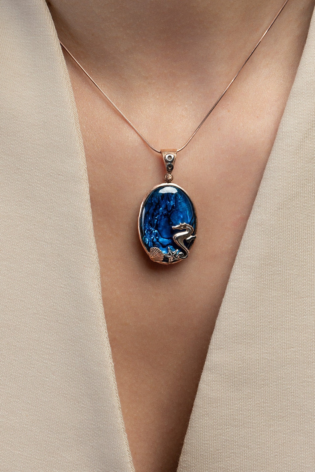 Abalone Seahorse Pendant - Blue Abalone Gemstone, 925 Silver Animal ...