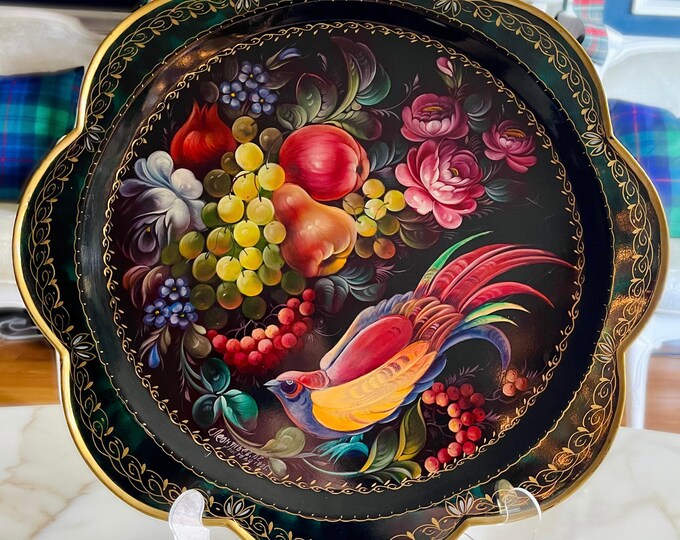 Vintage Hand Painted Tin Tray With Fruit Flowers Bird - Etsy