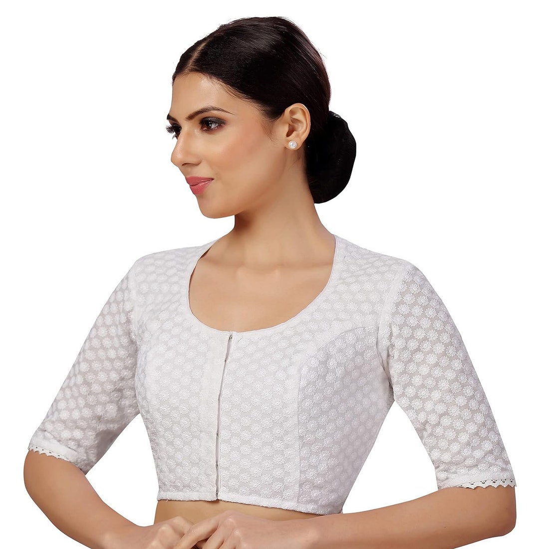 White Readymade Glass Neck Designer Saree Blouse Cotton Chikankari ...