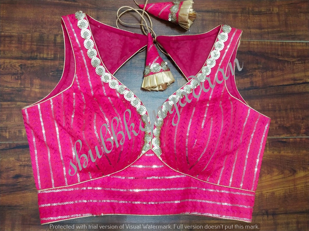 Pink Sabyasachi Deep V Cut Blouse Designer Sequins Work Beautiful Saree ...