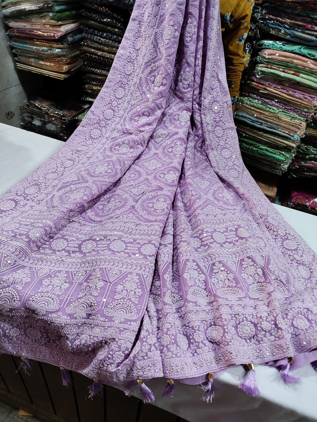 Purple Durga Puja Special Chikankari Georgette Flower Embroidery ...
