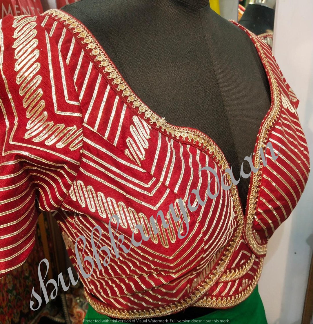 Red Sabyasachi Deep V Cut Blouse Designer Embroidered Beautiful Saree ...