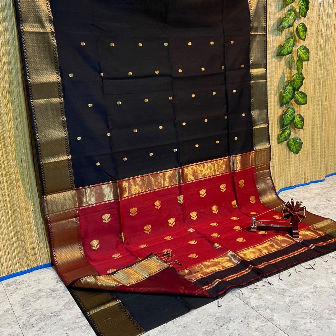 Black Pure Maheshwari Handloom Sico Saree Zari Lotus Flower Wedding ...