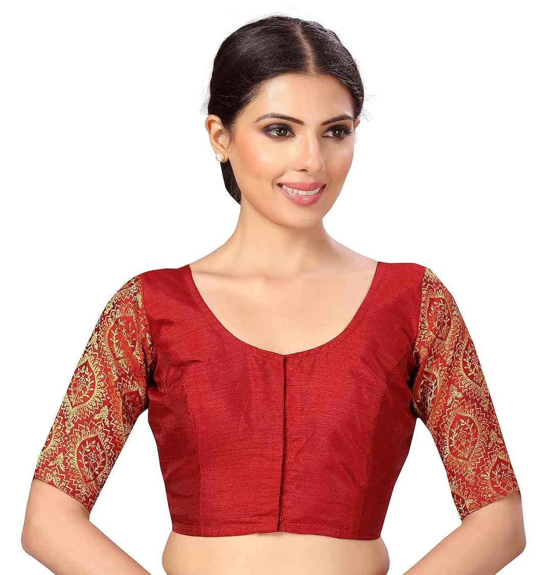 Maroon Readymade Elbow Length Sleeves Designer Saree Blouse Floral ...