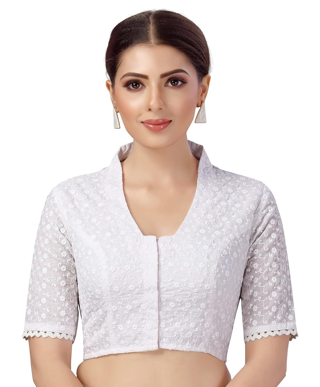 White Readymade Glass Neck Designer Saree Blouse Cotton Chikankari ...