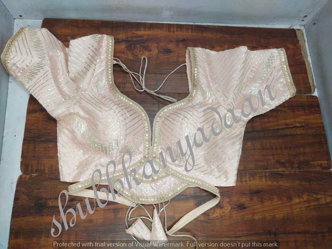 Peach Sabyasachi Deep V Cut Blouse Designer Embroidered Beautiful Saree ...