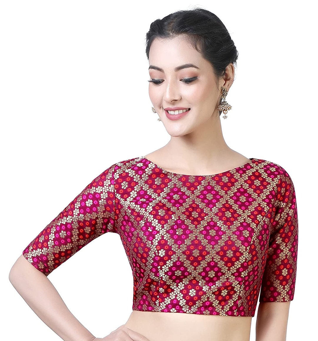 Wine Readymade Bandhani Brocade Designer Saree Blouse Weaving Pattern ...
