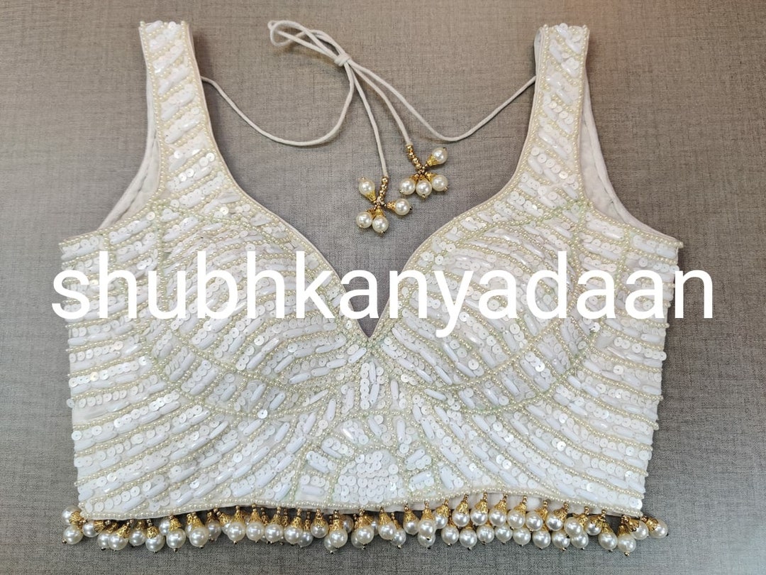 White Designer Wedding Wear Readymade Bride Saree Blouse Heavy Beaded ...