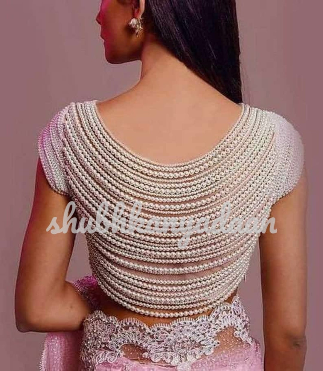 White Pearl Beaded Work Sabyasachi Deep V Cut Readymade Designer Wedding Wear Bride Saree Blouse ...
