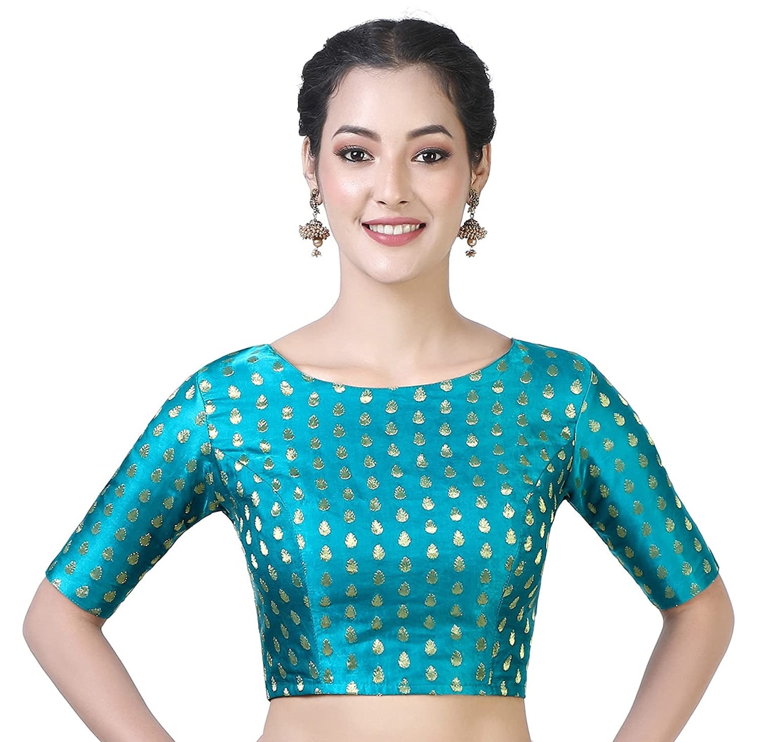 Turquoise Readymade Boat Neck Designer Saree Blouse Floral Woven Pattrn ...