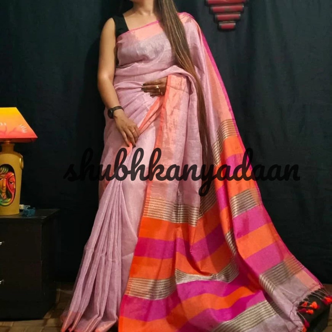 Pure Tissue Linen Saree Linen by Linen Sari Blue Pink Handloom Saree ...