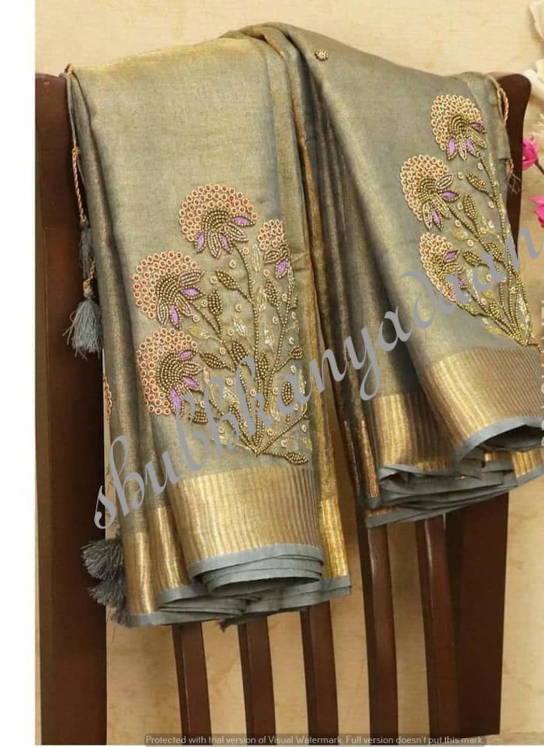 Grey Durga Puja Special Beaded Embroidered Work Saree Pure Linen ...