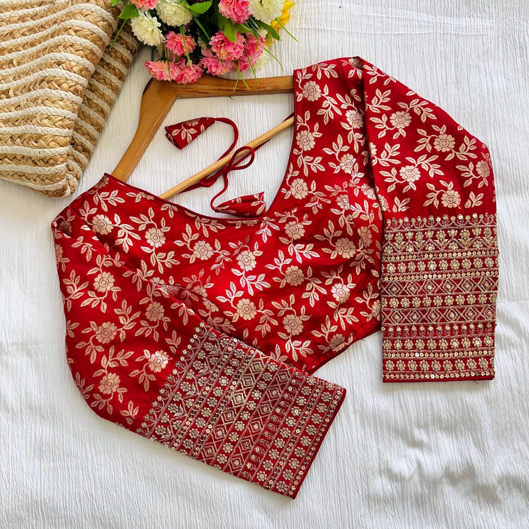 Red Brocade Embroidery Pattern Readymade Designer Saree Blouse Women ...