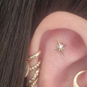Single 14K Solid Gold Stud Earring, Diamond Star Solid Gold Stud Earring, Tiny Star Stud for ...