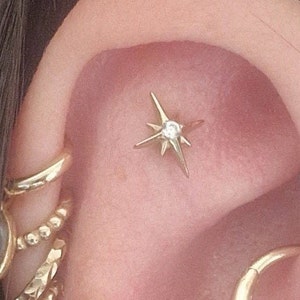 Single 14K Solid Gold Stud Earring, Diamond Star Solid Gold Stud Earring, Tiny Star Stud for ...