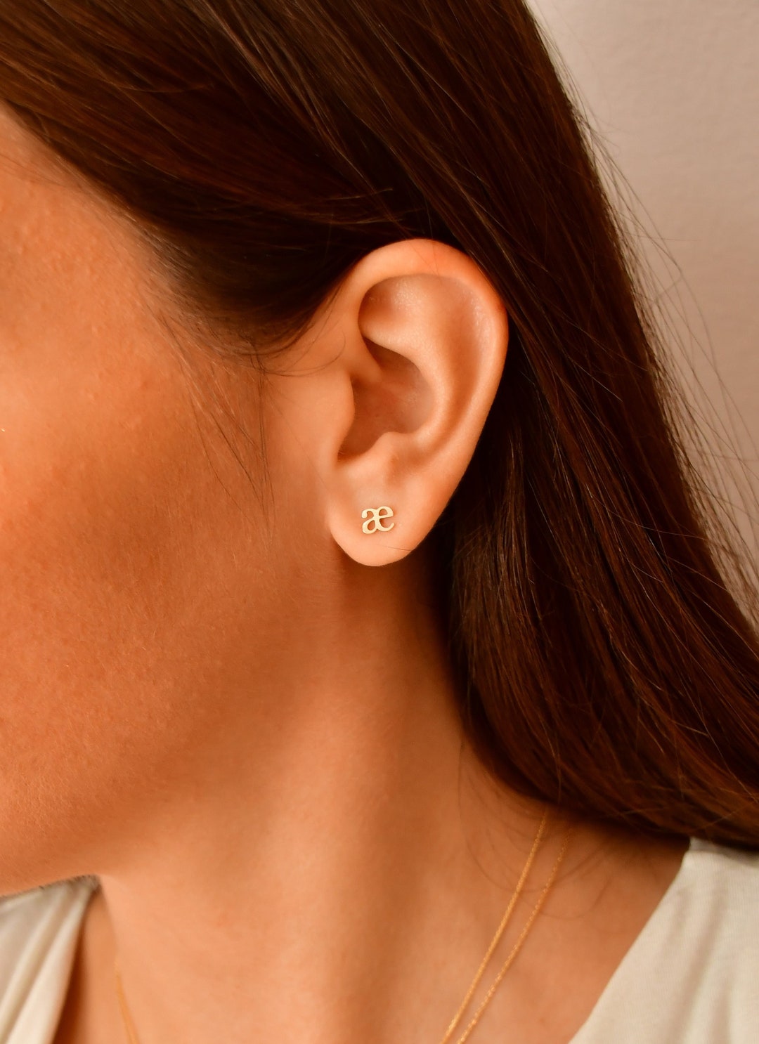 14K Solid Gold Ae Letter Single Stud Earring, Ae Solid Gold Stud Earring, Tiny Script Stud for ...