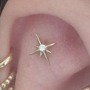 Single 14K Solid Gold Stud Earring, Diamond Star Solid Gold Stud Earring, Tiny Star Stud for ...