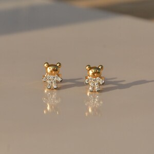 14K/ 18K Solid Gold Teddy Bear Stud Earrings, Solid Gold Diamond Stud Earring, Diamond Cluster ...