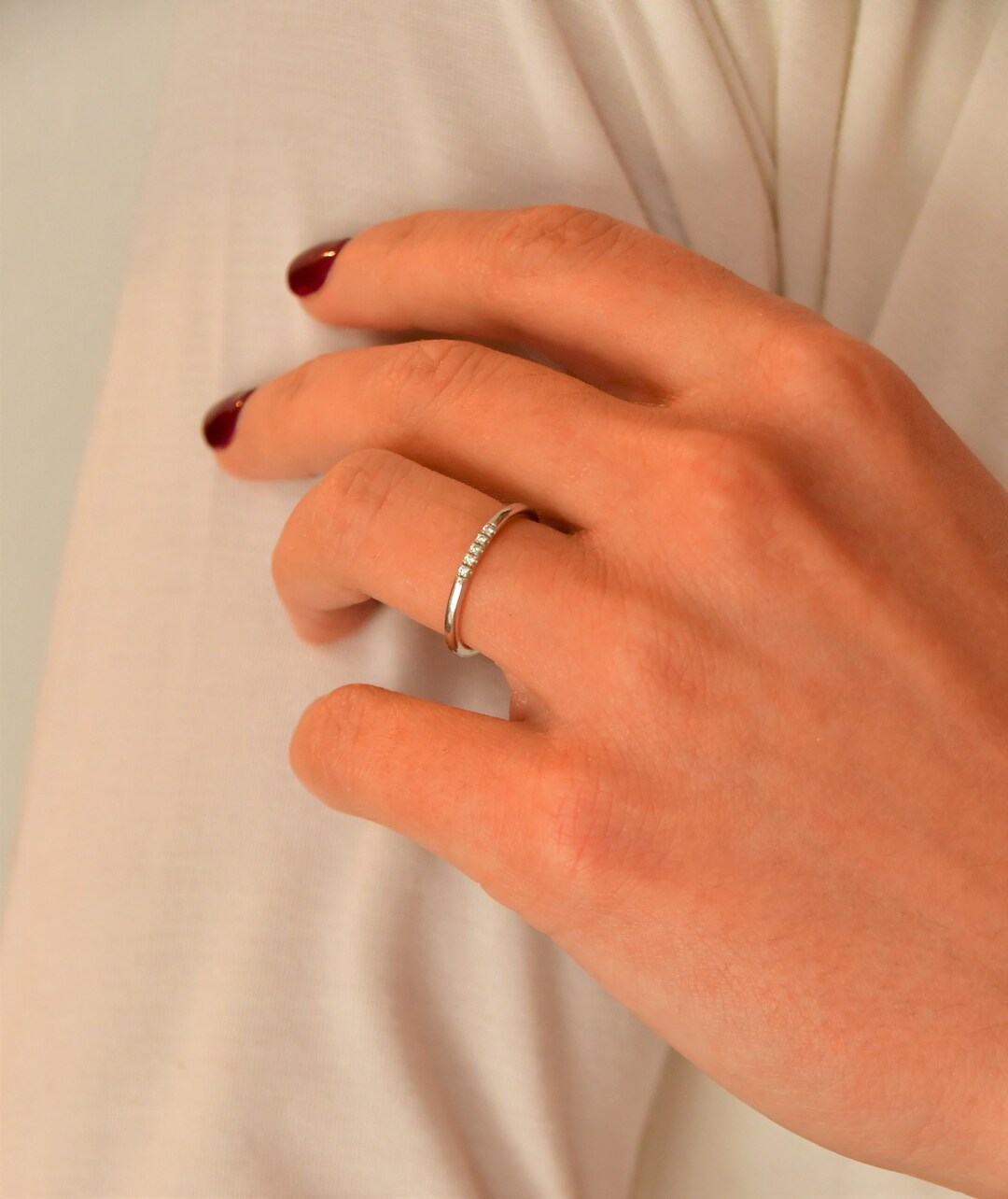 9K, 14K, 18K Solid Gold Stackable Five Natural Diamond Ring 1,6mm Width ...