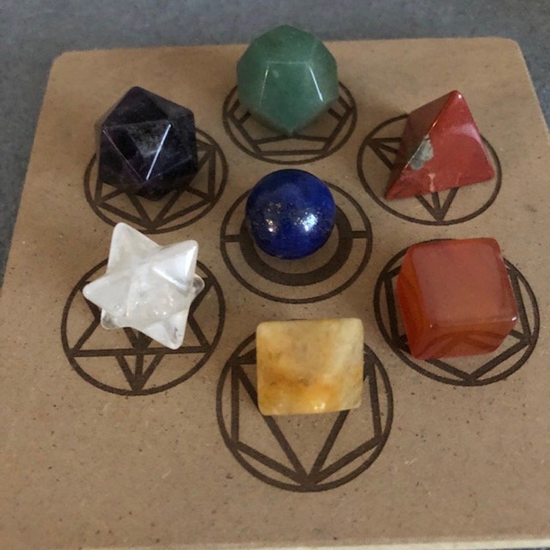 Platonic Solid Set 7 Crystal Stones Kit in Wooden Box, Merkaba, Sphere ...
