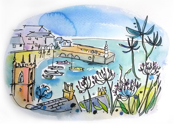 Line and wash illustration of St Ives rooftops by artist Inky | Etsy