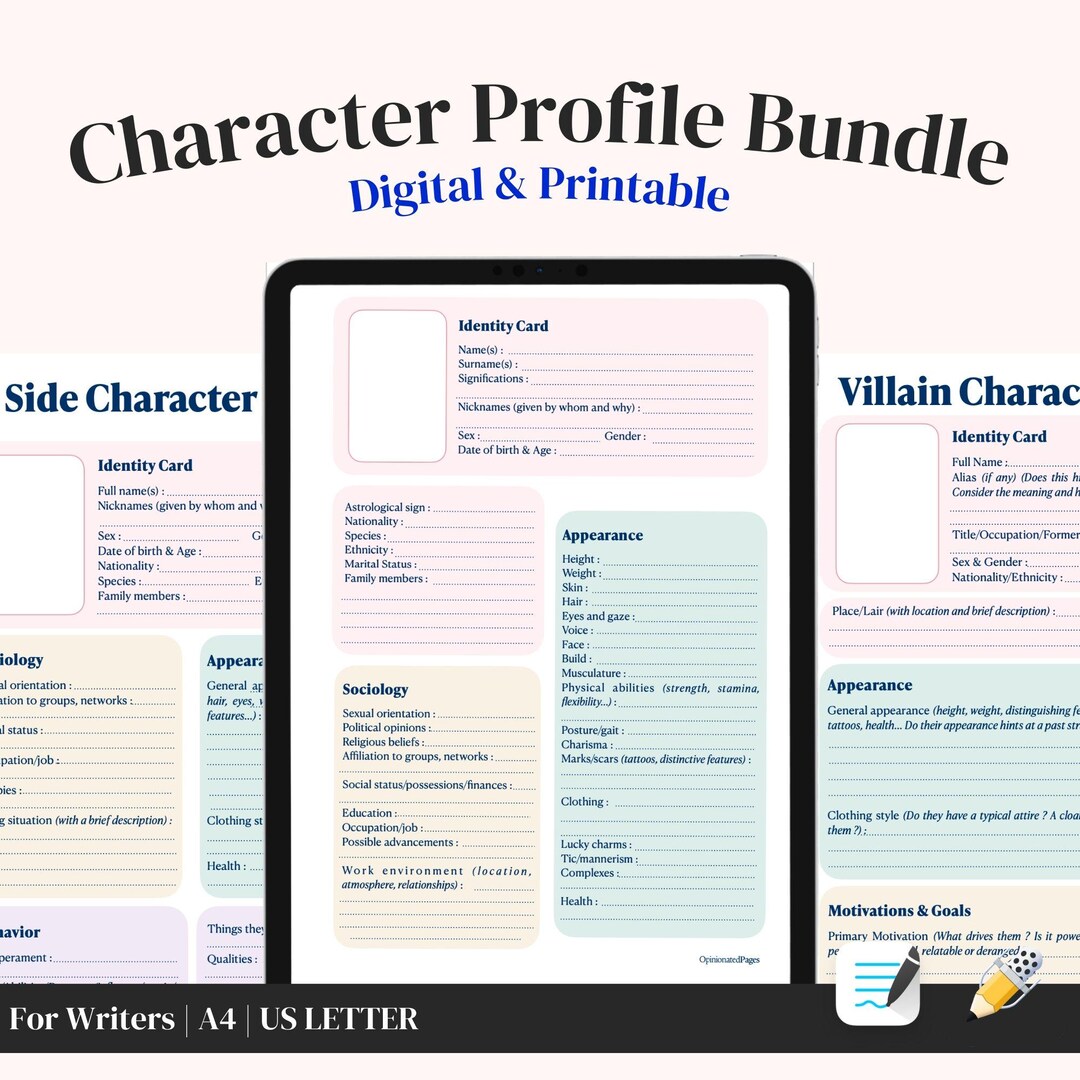 Character Profile Sheet Bundle | Nanowrimo Writers Workbook | Goodnotes ...