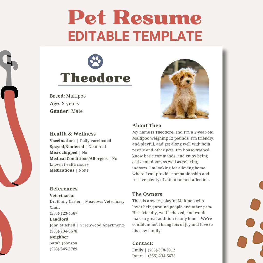 Editable Pet Resume Template – Customizable Canva Dog CV for Adoption ...