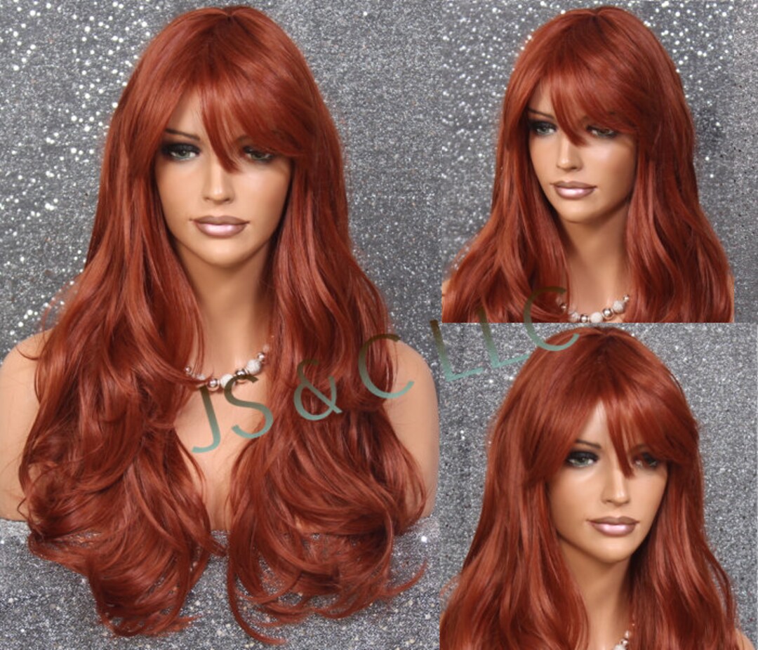 Copperish Red Stunning Human Hair Blend Wig Long Layered Wavy Full Wig ...