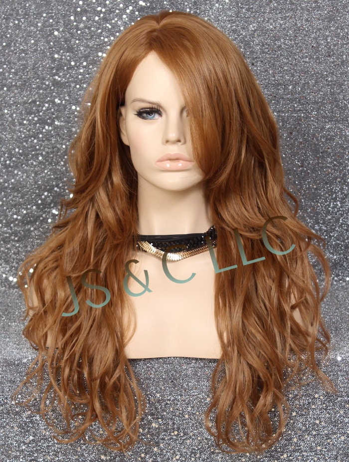 Strawberry Blonde Long Full Human Hair Blend Wig Heat Ok 28 Loose Beachy Wavy Side Part W Bangs
