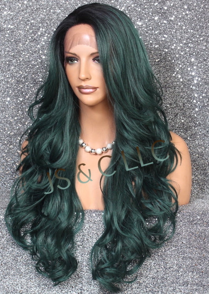 Emerald Green Mix Long Lace Front Human Hair Blend Wavy Layered ...