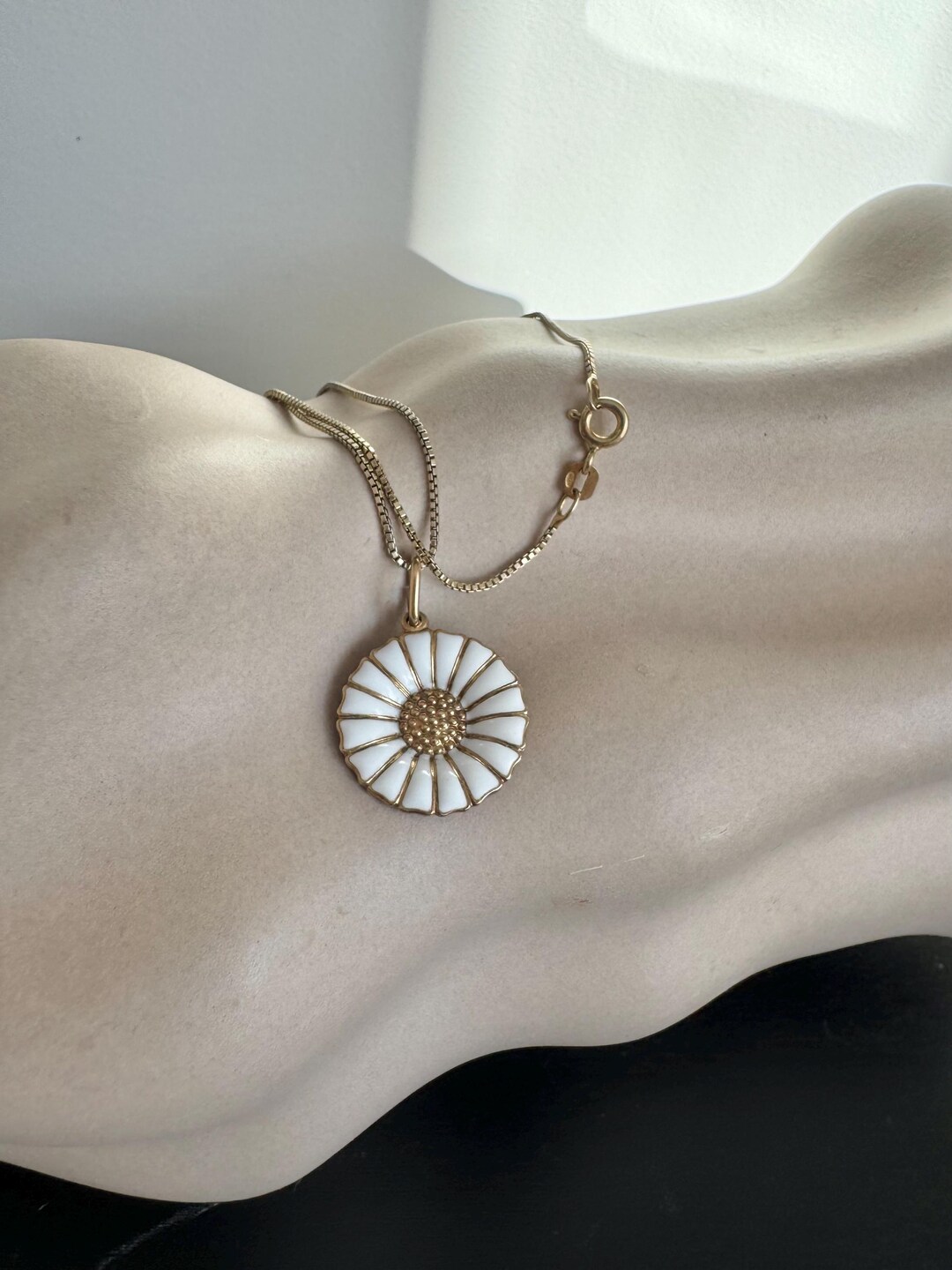 Georg Jensen White Enamel Daisy Pendant and Gold Plated Silver Chain ...